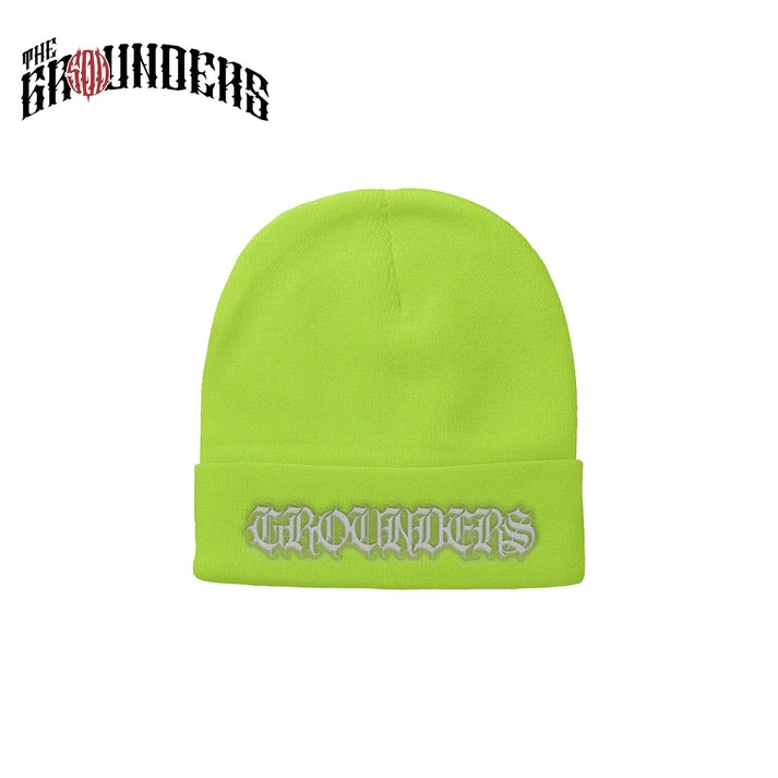 TG NEON GREEN BEANIE OLD ENGLISH EMBRO – The Grounders